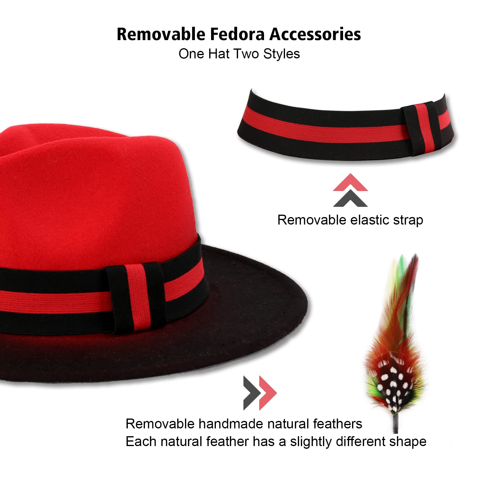 Black and Red Fedora Hats for Women Men,Two Tone Hat Wide Brim Fedora for Women,Red Bottom Black Fedora(Red,Black Medium)