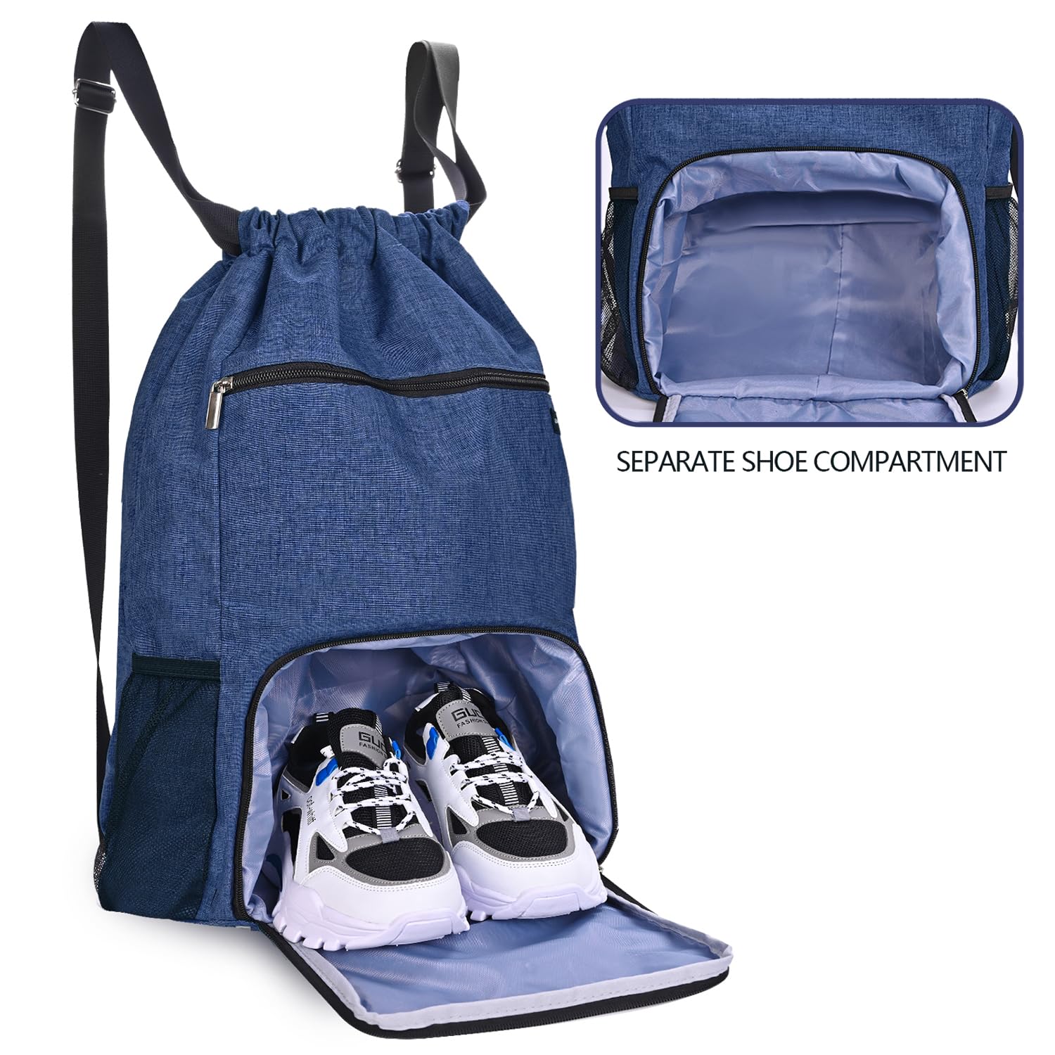 BAVELOE Drawstring Backpack Sports Gym Bag Wet Pocket & Shoe Compartment, Water-Resistant String Bag for Women Men(Black)