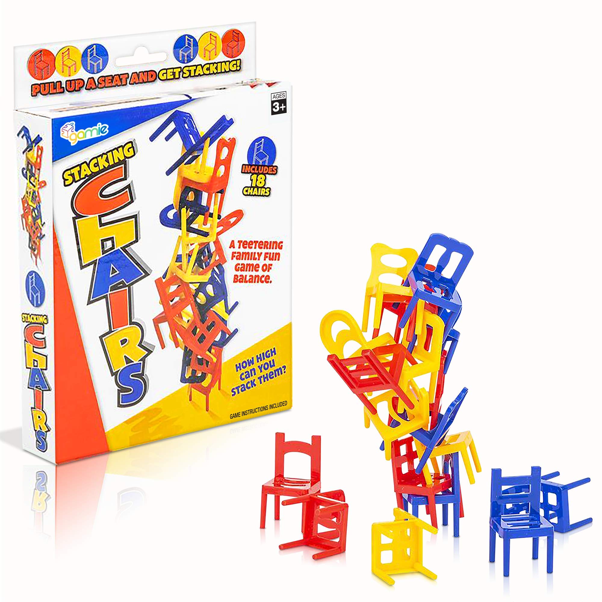 Gamie Balancing Chair Game, 2 Sets, Stacking Chair Games with 18 Mini Chairs & Instruction Guide, Family Game Night Games for Children, Development Learning Game for Coordination & Balance