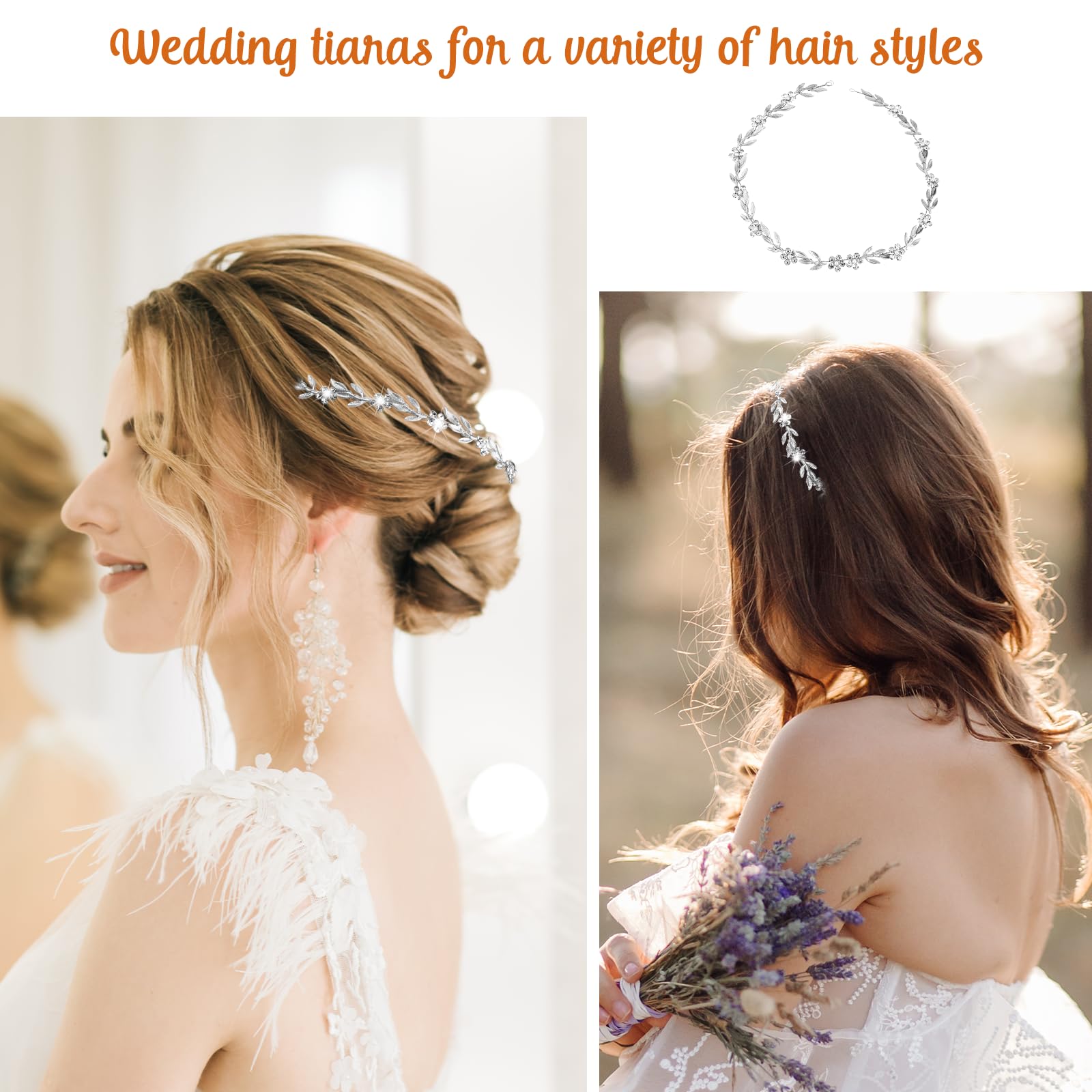 Crystal Leaf Pearl Hair Vine Tiara Headpiece with Flower Headband for Wedding Brides and Women - Silver