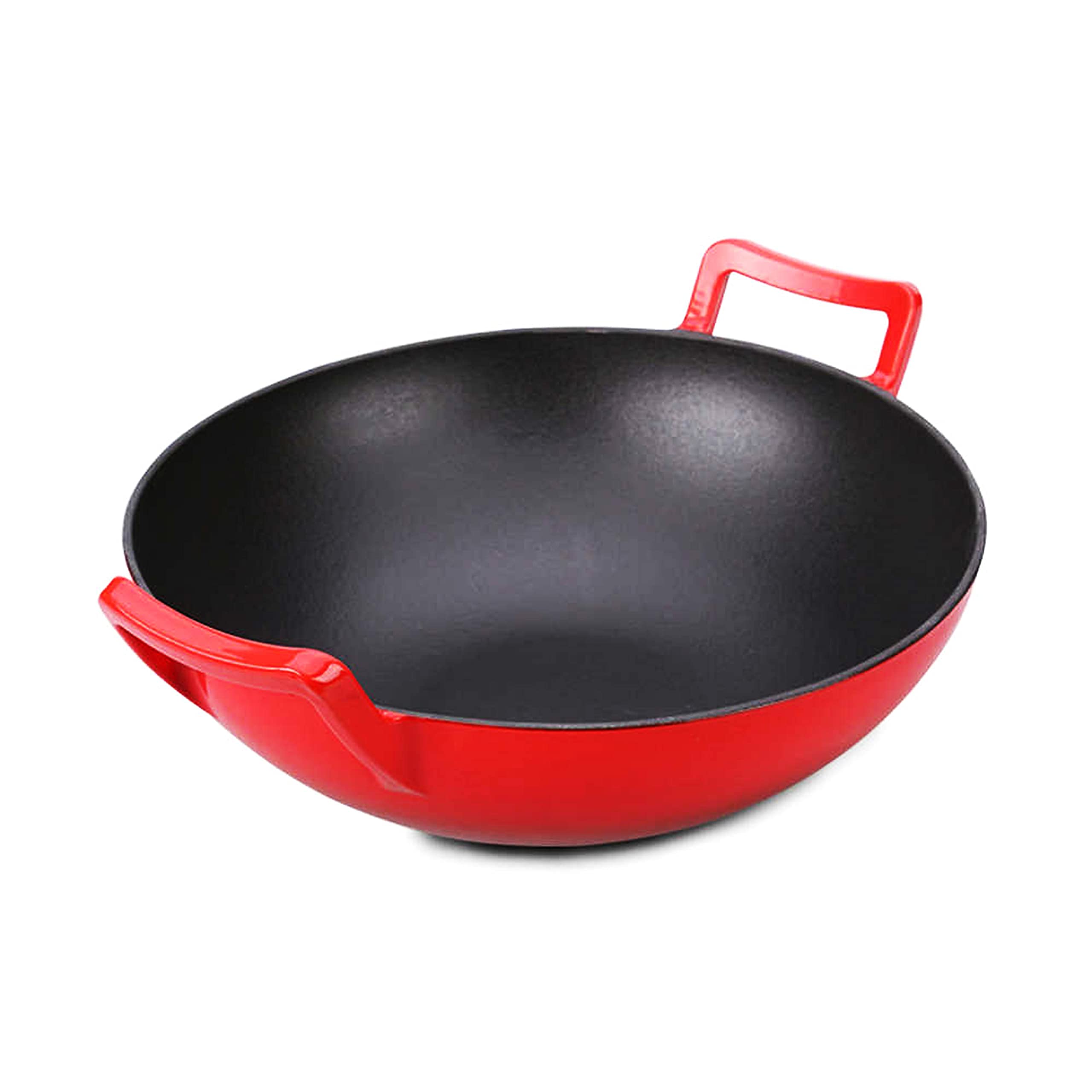 Bruntmor 14 Inch Enameled Cast Iron Wok/Pot. 14" Nonstick Enamel Skillet Pan With Large Loop Handles & Flat Base. Cookingware For Kitchen/Indoor/Outdoor Camping. (Red)