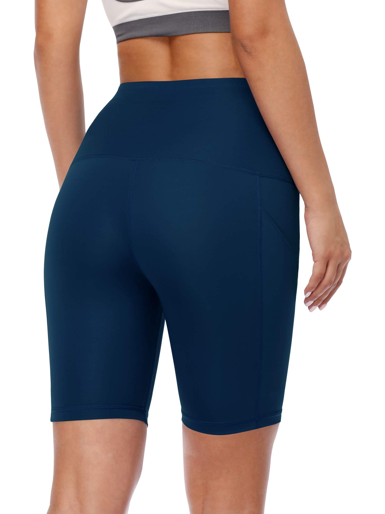 CADMUS Women's High Waist Spandex Yoga Shorts for Bike Running Two Side Pockets,10,Black,Grey,Navy Blue,Medium