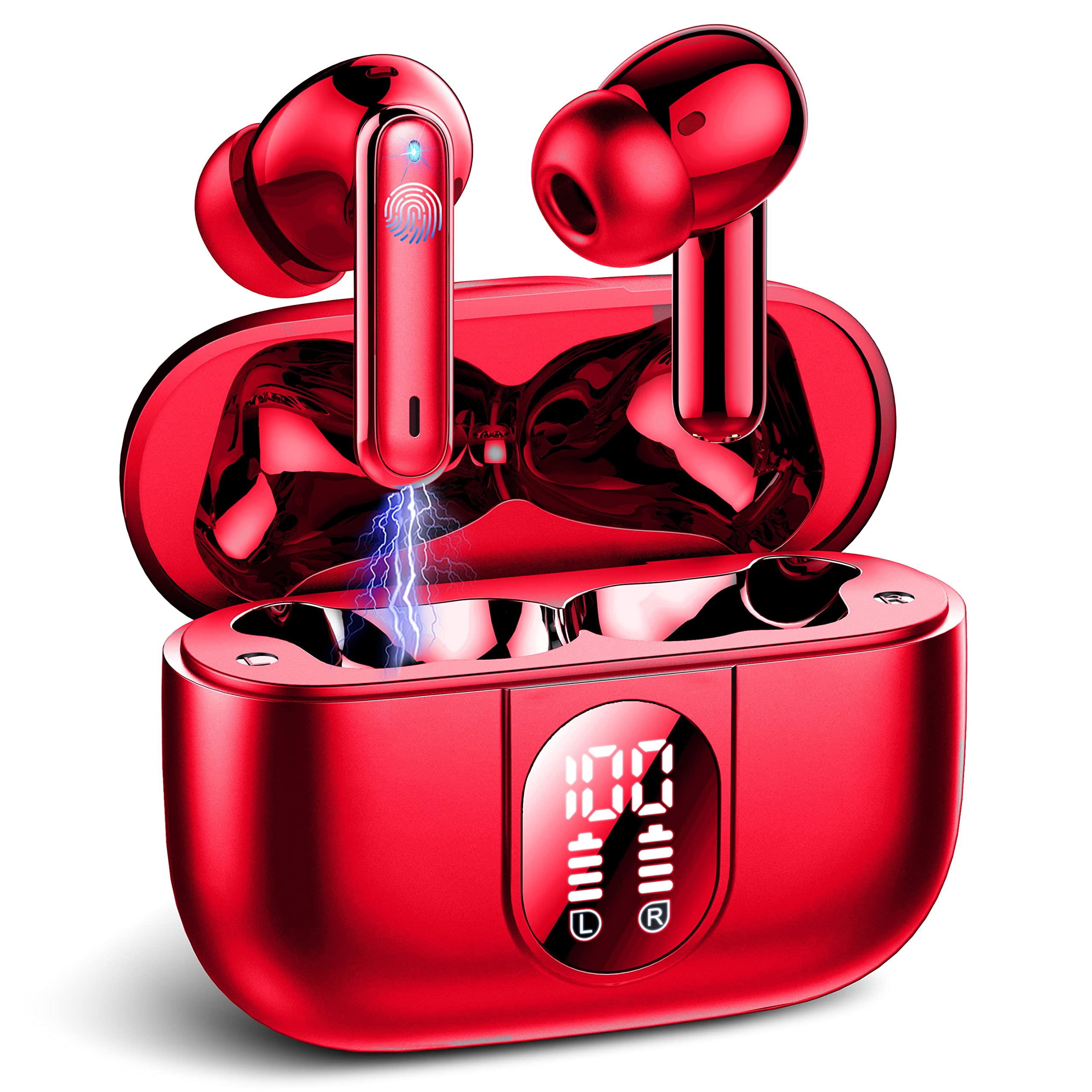 Csasan Red Wireless Earbuds, 2023 Bluetooth 5.3 Headphones HiFi Stereo, 40H Playtime in-Ear Earbud, Bluetooth Earbuds with LED Power Display, IP7 Waterproof Wireless Earphones Sport Headset