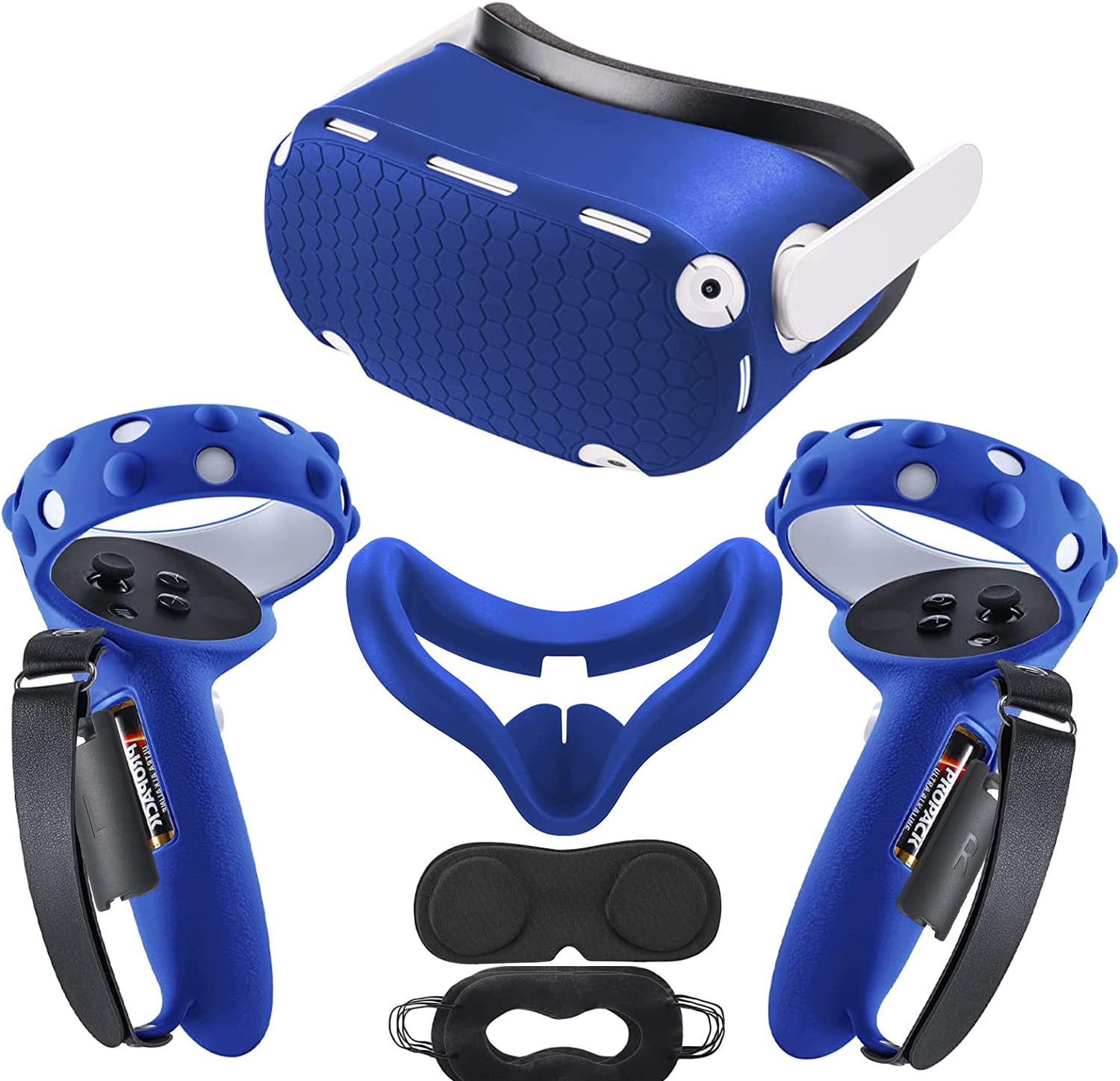 Compatible with Oculus Quest 2 Accessories | Lengthening Controller Grip Cover with Battery Opening | VR Shell Cover | Silicone face Cover | Protective Lens Cover (Blue)