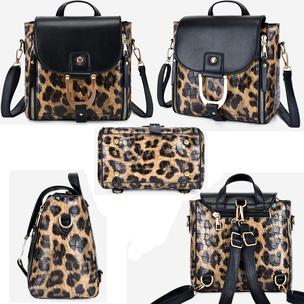 ZiMing Women Handbags Wallet Set Leopard Print Leather Purses Small Backpack Crossbody Shoulder Bags Wristband Wallet 4 Pcs