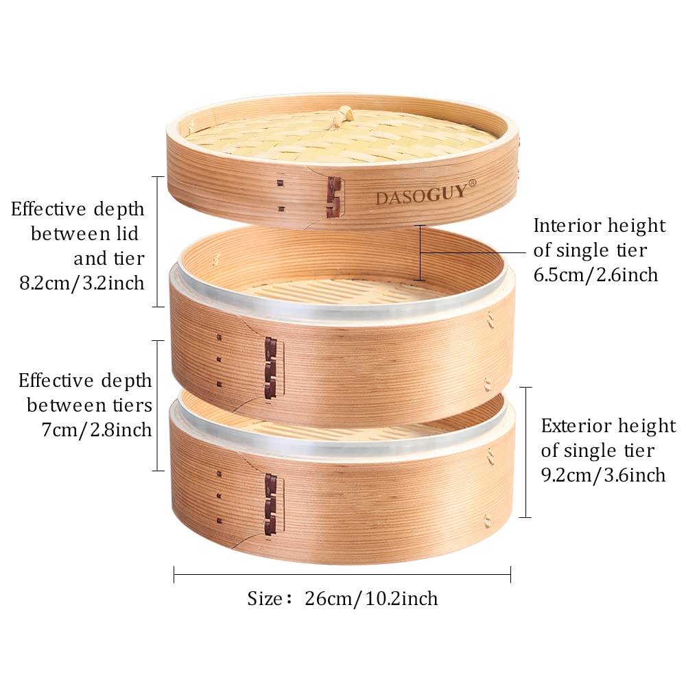 Dasoguy Deepen 10.2 Inch Handmade Wood Steamer with Stainless Steel Rings, 2 Tiers Steam Basket for Dumpling Dim Sum Bun Rice Chinese Food, Present 2 Cotton Liners