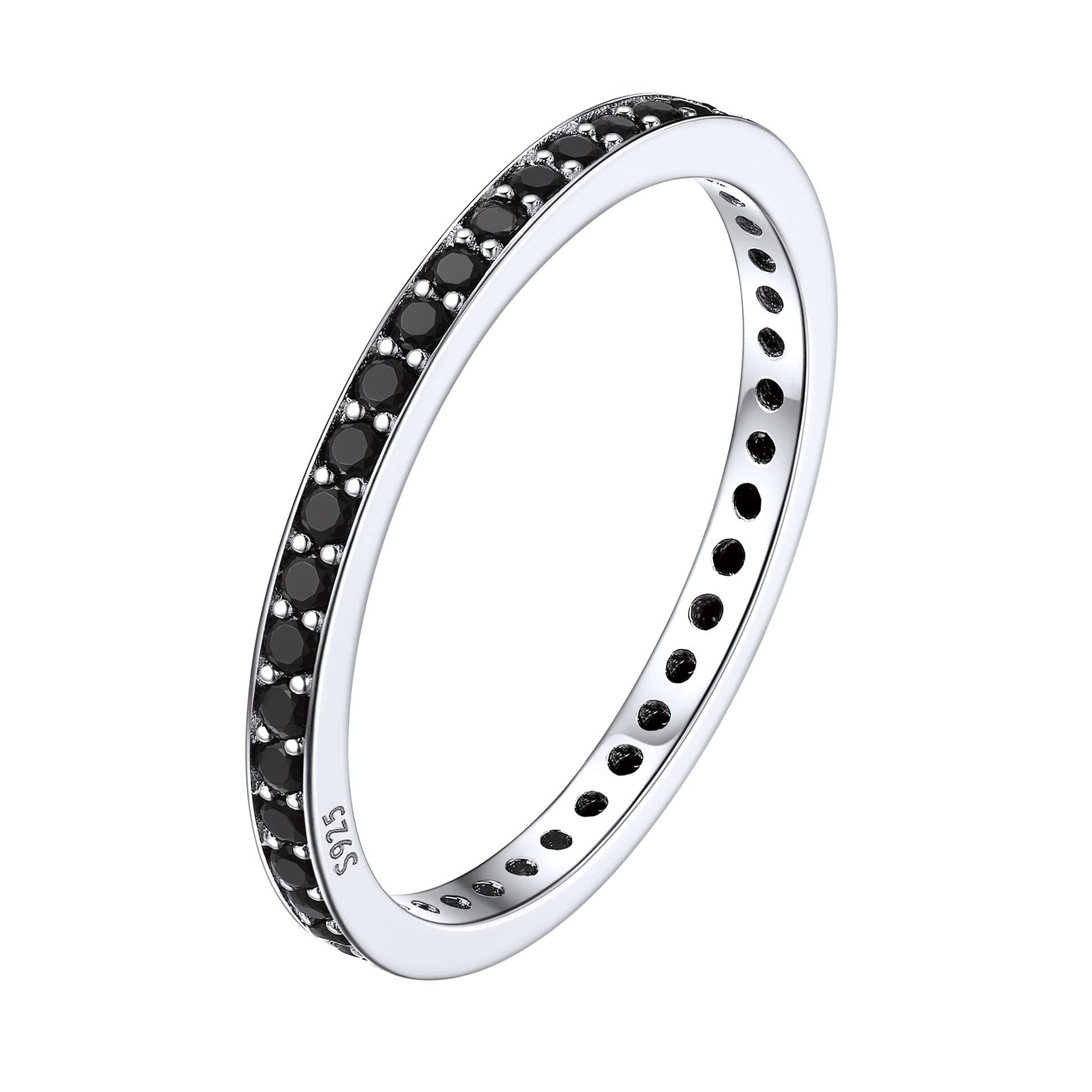 ChicSilver 2MM Thin Band CZ Eternity Ring 925 Sterling Silver Black Cubic Zirconia Engagement Wedding Ring for Women Size 5