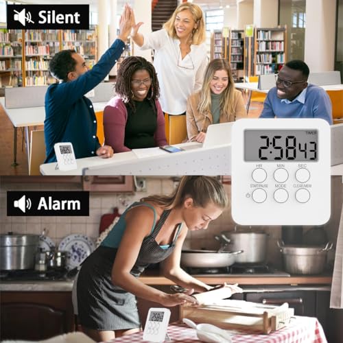 Digital Kitchen Timer with Mute/Lound Alarm Switch,3 in 1 Multifunctional Clock Alarm Count UP/Down Timer,24-Hours Memory Function Magnetic Timer for Cooking Learning(White)