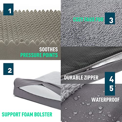 Eterish Extra Large Orthopedic Dog Bed for Medium, Large, Extra Large Dogs up to 100 lbs, 4 inches Thick Egg-Crate Foam Bolster Bed with Removable Cover, T-Shape Pet Bed Machine Washable, Grey