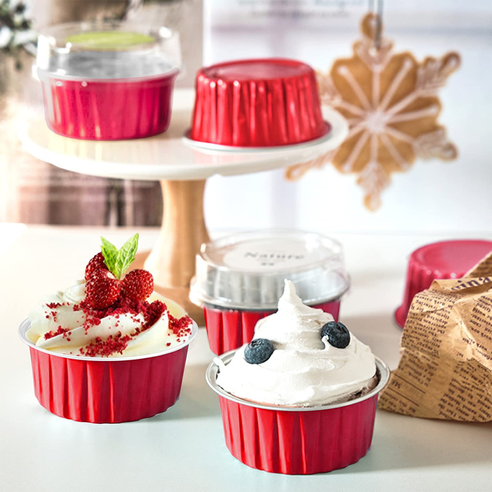 DEAYOU 100 Pack Aluminum Foil Ramekins with Lids, 5oz Muffin Cupcake Baking Liners Cups, 3" Round Disposable Recyclable Tart Pie Tin Pan Holder for Pudding, Party, Wedding, Oven Freezer Safe, Red
