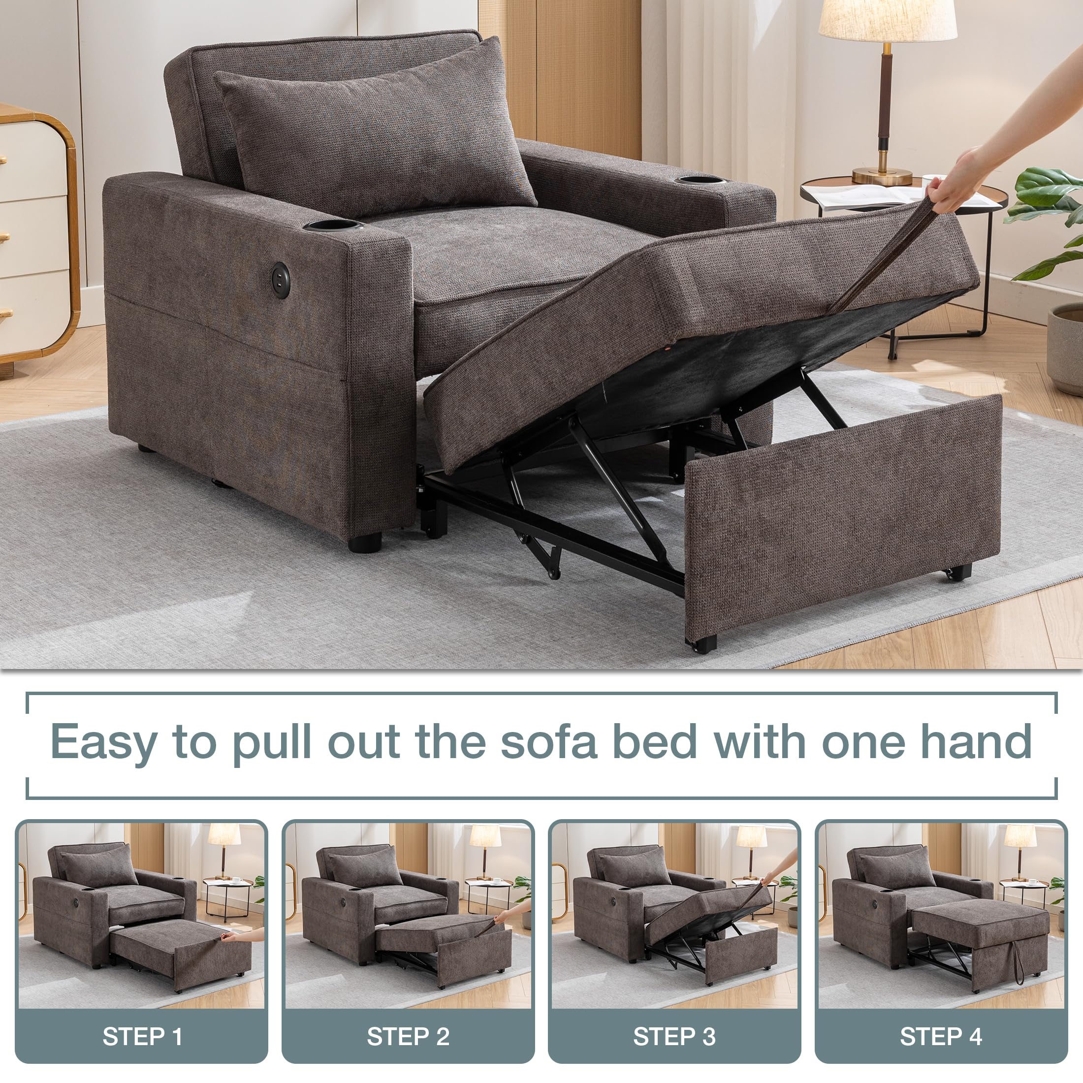 BOSMILLER Convertible Sofa Bed, 3-in-1 Pull-Out Sleeper Sofa, Adjust Backrest Futon Couch with Massage Heating Pillow, USB, Side Pocket, Cup Holder, for Living Room/Office/Small Apartment