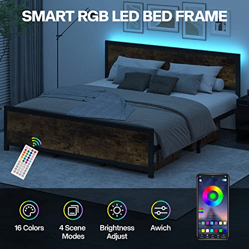 DOGIBIXO Queen Size Bed Frame with Wooden Headboard & Footboard, Rustic Platform Metal Bed Frame with LED Lights, No Box Spring Needed, Metal Slats Support, Easy Assembly, Brown
