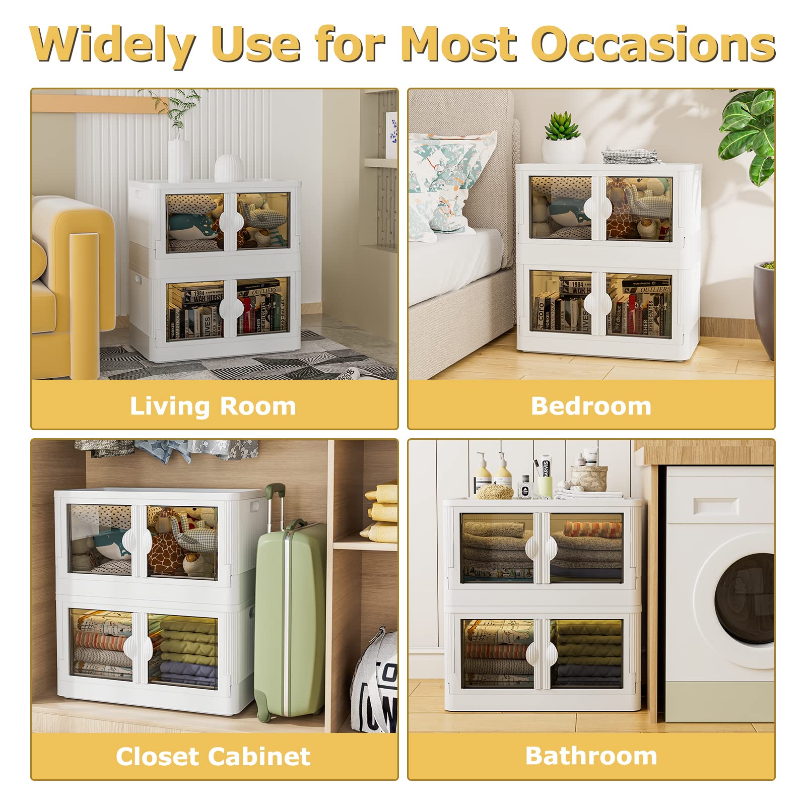 FUNLAX Collapsible Storage Bins with Lids, 14 Gal Foldable Stackable Storage Bins with Doors and Wheels, Folding Storage Boxes Set 3 Pack for Closet, Bedroom, Laundry, Home Organizer and Storage