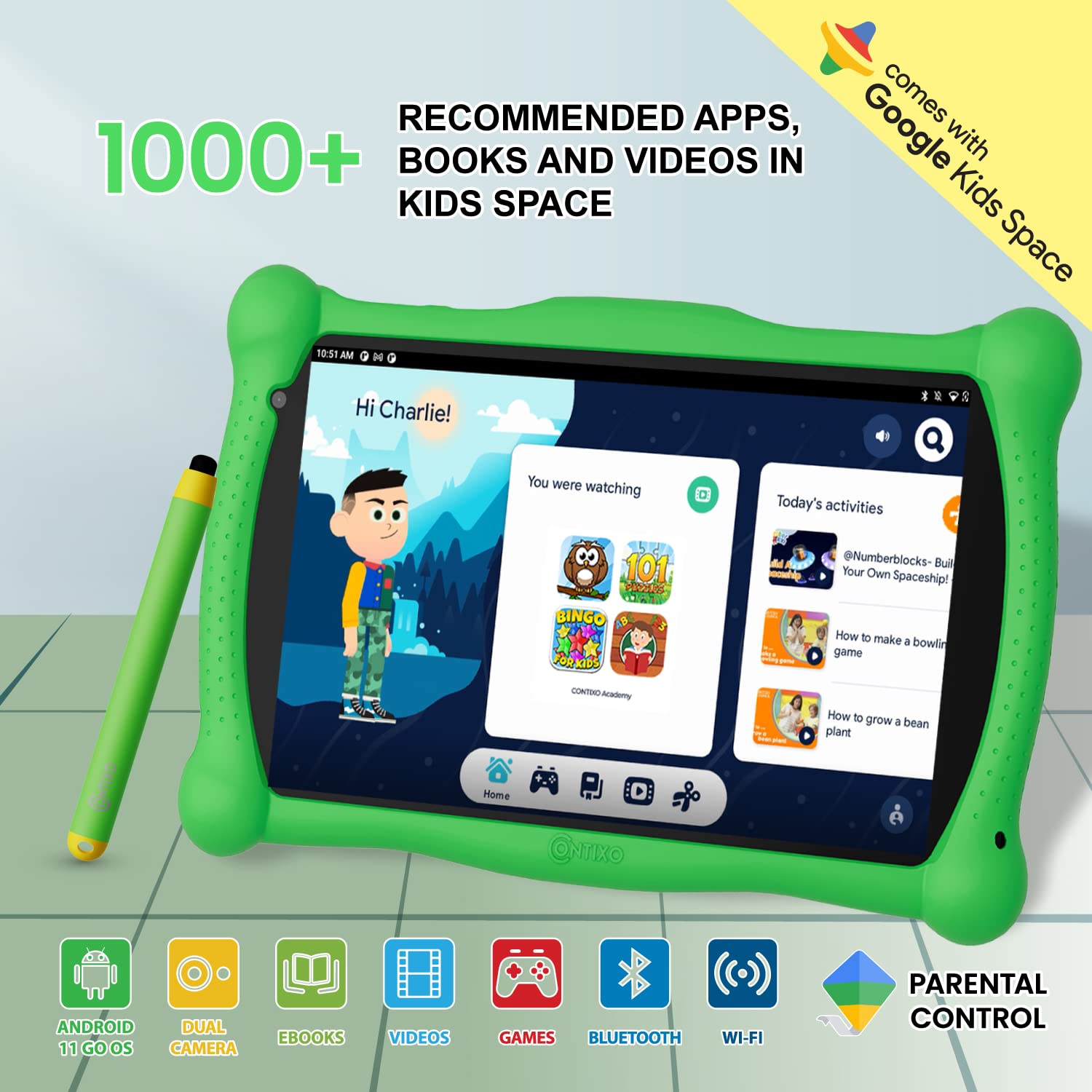 Contixo Kids Tablet V10, 7-inch HD, Ages 3-7, Toddler Tablet with Sleeve Bag Bundle, Learning Tablet Set for Children - Green