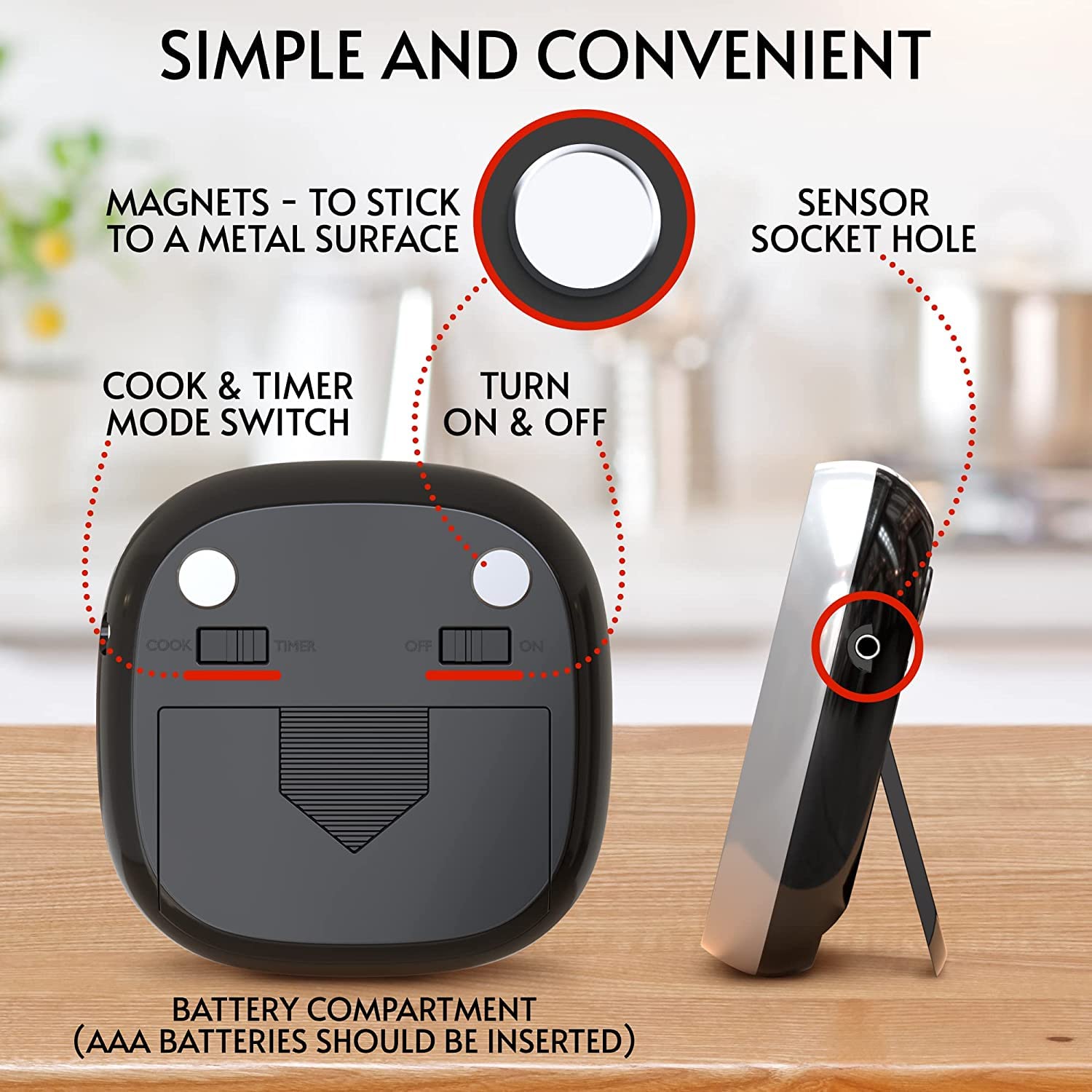 Digital Meat Thermometer for Cooking β Precise Meat Thermometer with Probe & Timer Alarm β Instant Meat Thermometer with 6 Cooking Pre-Set Settings & Auto Shutoff for Grilling Baking & Barbecues