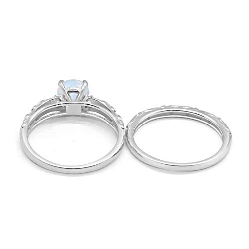 Blue Apple Co. Art Deco Two Piece Wedding Engagement Bridal Set Created White Opal Round Cubic Zirconia 925 Sterling Silver, Size-7