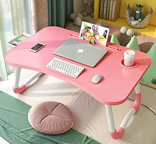 Laptop Bed Table, Foldable Laptop Desk Bed Tray with Storage Drawer, Lap Desk TV Tray for Breakfast Serving, Notebook Stand Reading Holder with Phone Slot and Cup Holder for Sofa Couch Floor-Pink