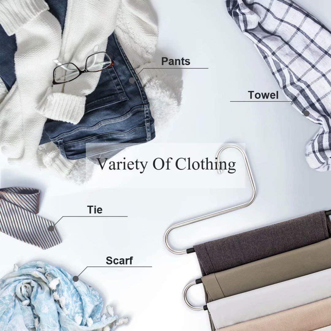 HonTop 3 Pack Pants Hangers S-Shape 5 Layers Stainless Steel with Black Silicone Coating Multi Clothes Cascading Pants Hangers Space Saving Clothes Organizer for Jeans Pants Scarf Ties Towels