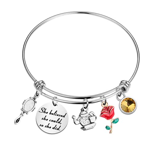 FAADBUK Movie Inspired Bracelet She Believed She Could So She Did Belle Princess Jewelry Inspiration Gift for Her (Beauty and The Beast Bracelet)