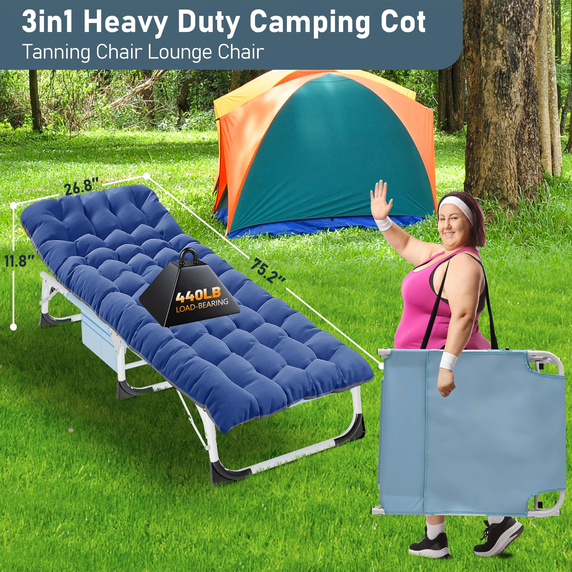LILYPELLE 3in1 Sun Tanning Chair with Mattress, Heavy Duty Lounger Chair with Face Arm Hole, Removable Pillow, Outside Chaise Lounge Chair for Sunbathing, Patio, Poolside, Lawn, Beach