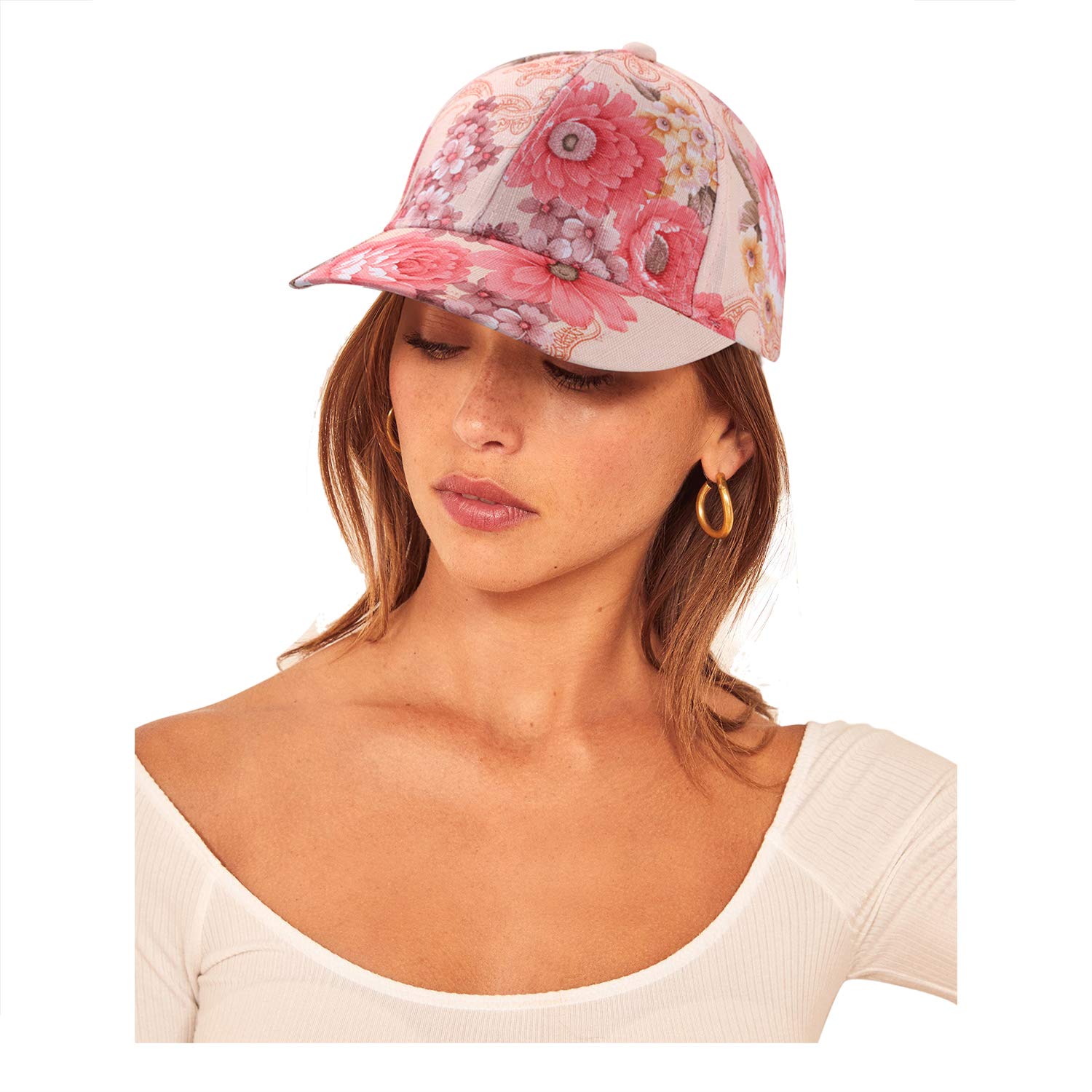 BSJELL Floral Baseball Cap for Women Adjustable Dad Hats Summer Casual Wide Brim Sun Protection Visor Hat (Beige Floral)