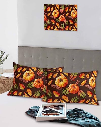 Edwiinsa Fall Pumpkin Pillow Covers Standard Size Set of 2 Bed Pillow, Brown Autumn Maple Leaves Farmhouse Plush Soft Comfort for Hair/Skin Cooling Pillowcases with Envelop Closure 20''x26''