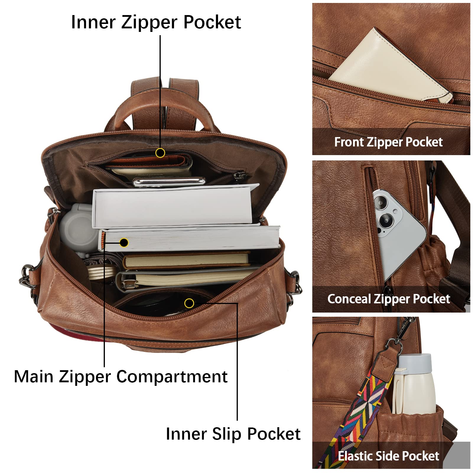 BOSTANTEN Backpack Purse for Women Fashion Designer Travel Backpack Leather Convertible Shoulder Bags Casual Daypack Brown