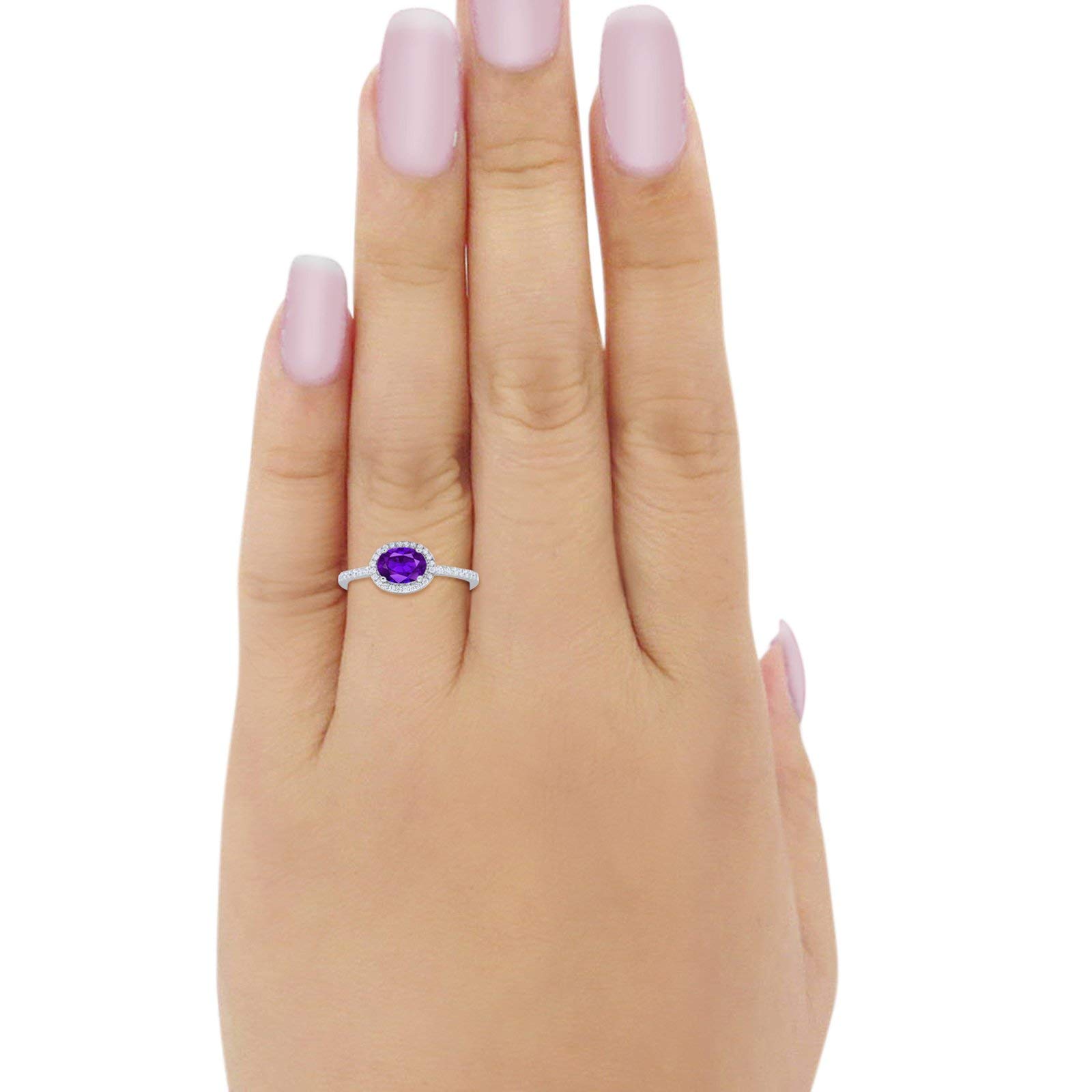 Blue Apple Co. Sideways Halo Oval Engagement Ring Round Simulated Amethyst Cubic Zirconia 925 Sterling Silver Size-8