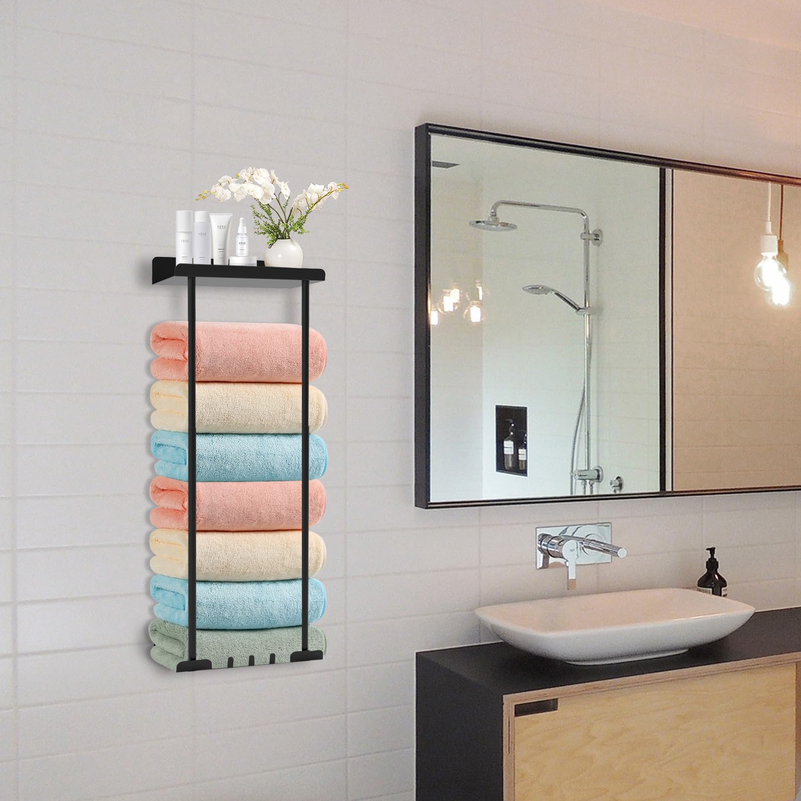 Filta Towel Rack with Shelf for Bathroom Wall Mounted,Retractable Height Metal Bath Towel Rack with Reliable Hooks Storage for Rolled Towel(Black)
