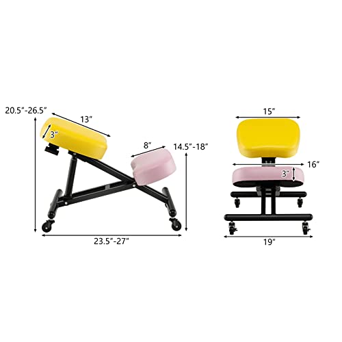 Giantex Height Adjustable Kneeling Chair - Seat Height from 20.5β to 26.5β, Adjustable Stool with Smooth Wheels, Foam Padded Cushions, Ergonomic Kneeling Chair for Office, Home, Yellow/Pink