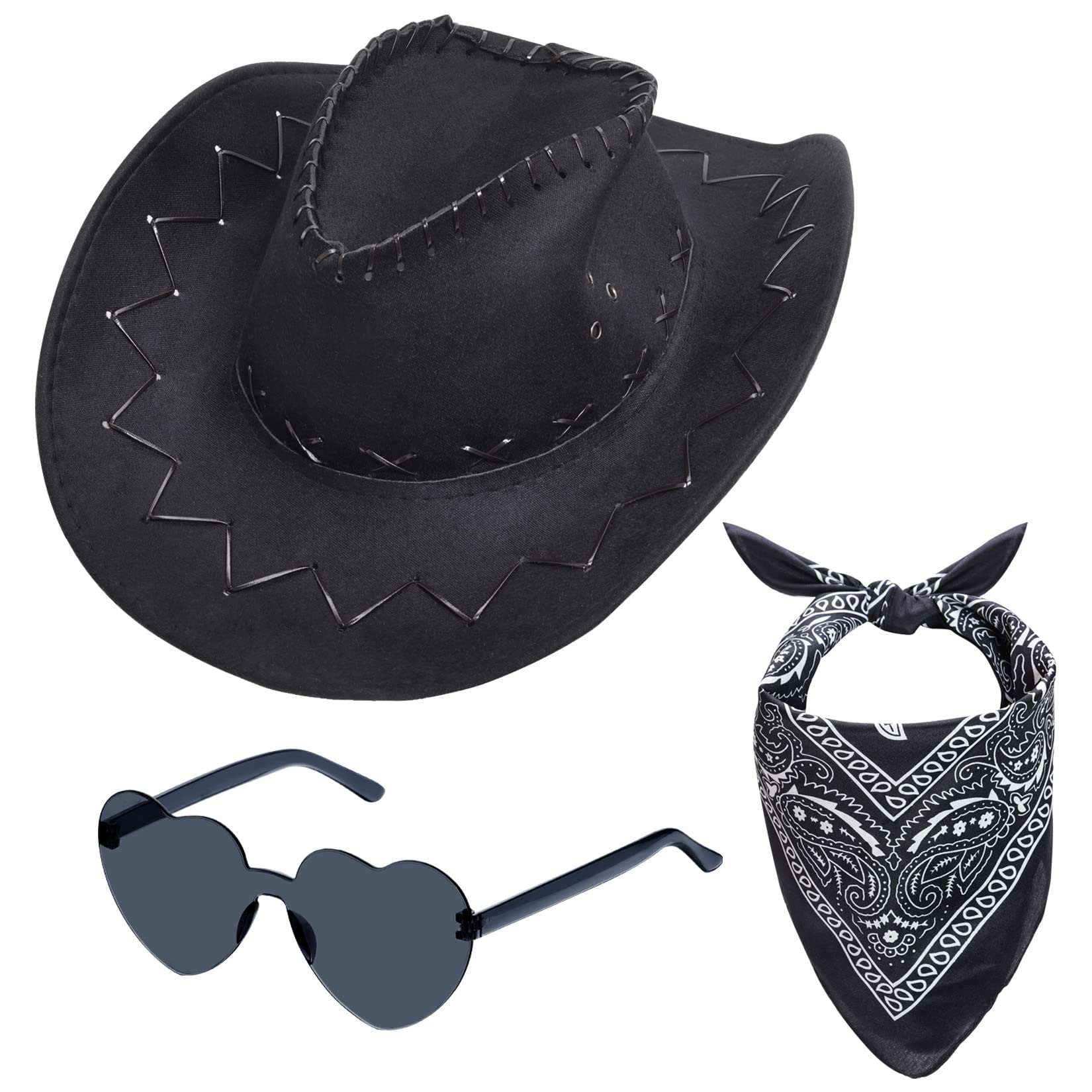 choyaxo Western Cowboy Costume Set Including Cowgirl Hat Heart Shaped Sunglasses and Bandana for Halloween,Black