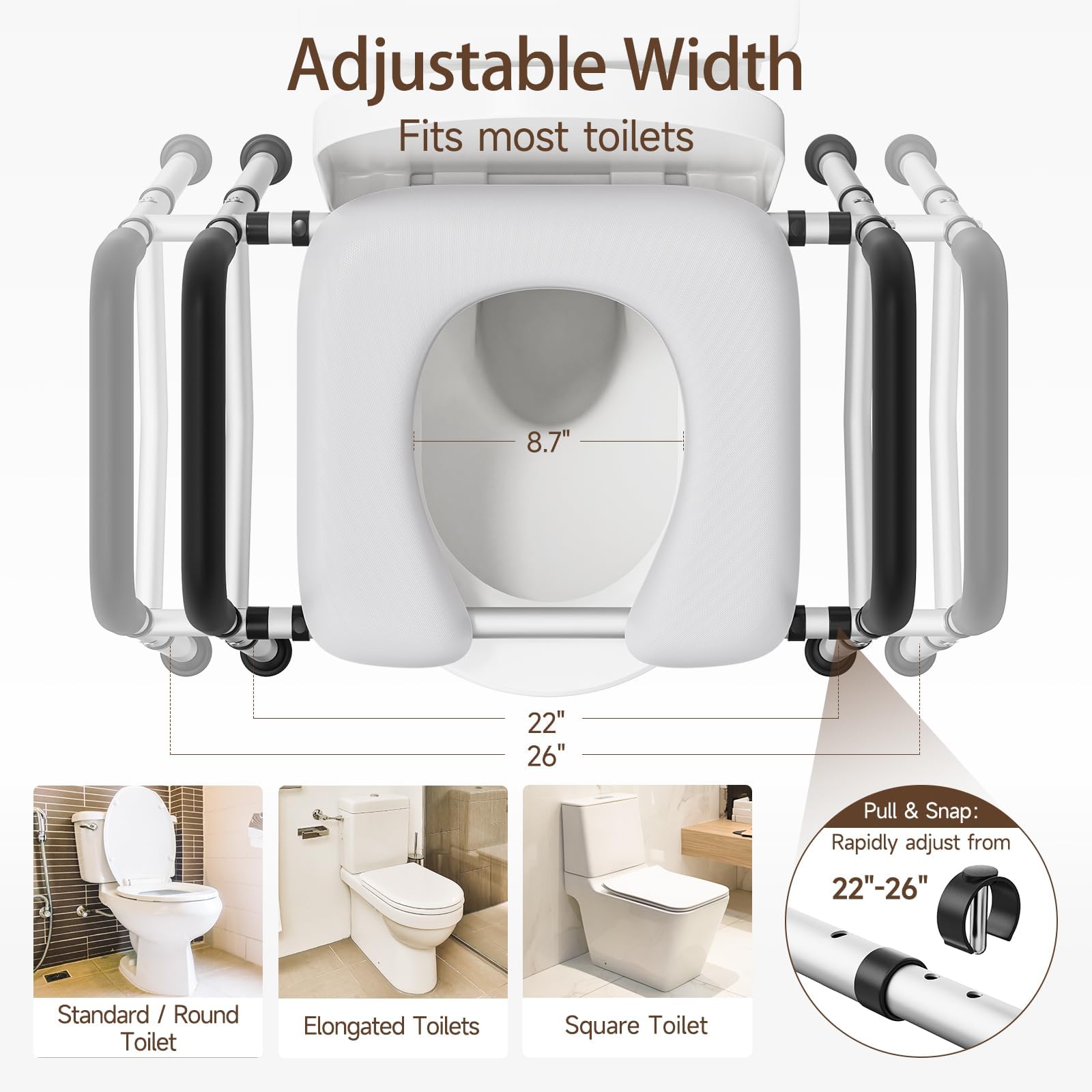 WAYES Raised Toilet Seat With Handles for Seniors - Toilet Seat Extension, Fit Most Toilet, Up to 400 Lbs, Adjustable Height & Width