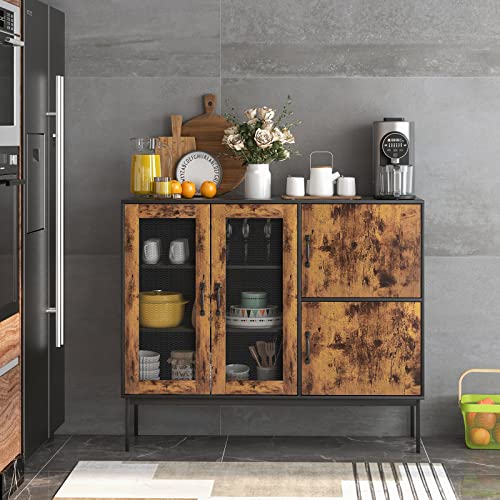 Giantex Large Kitchen Buffet Sideboard, 48 Inch 2-Door Cupboard with 2 Storage Cabinets, Industrial Stationary Island, Metal Frame, Coffee Station for Living Room