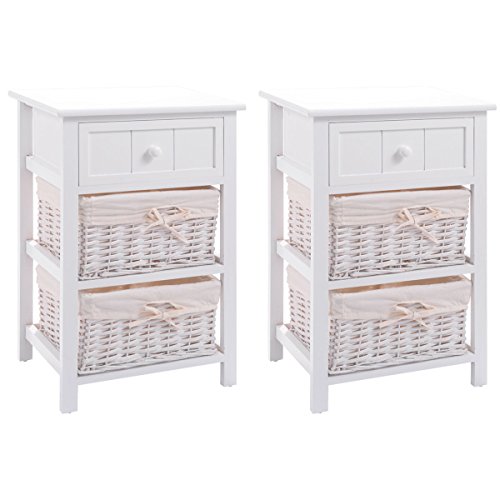 Giantex Nightstand with Drawers Wooden, W/ 2 Storage Baskets and Open Shelf for Bedroom, Bedside Sofa End Table (2, White)