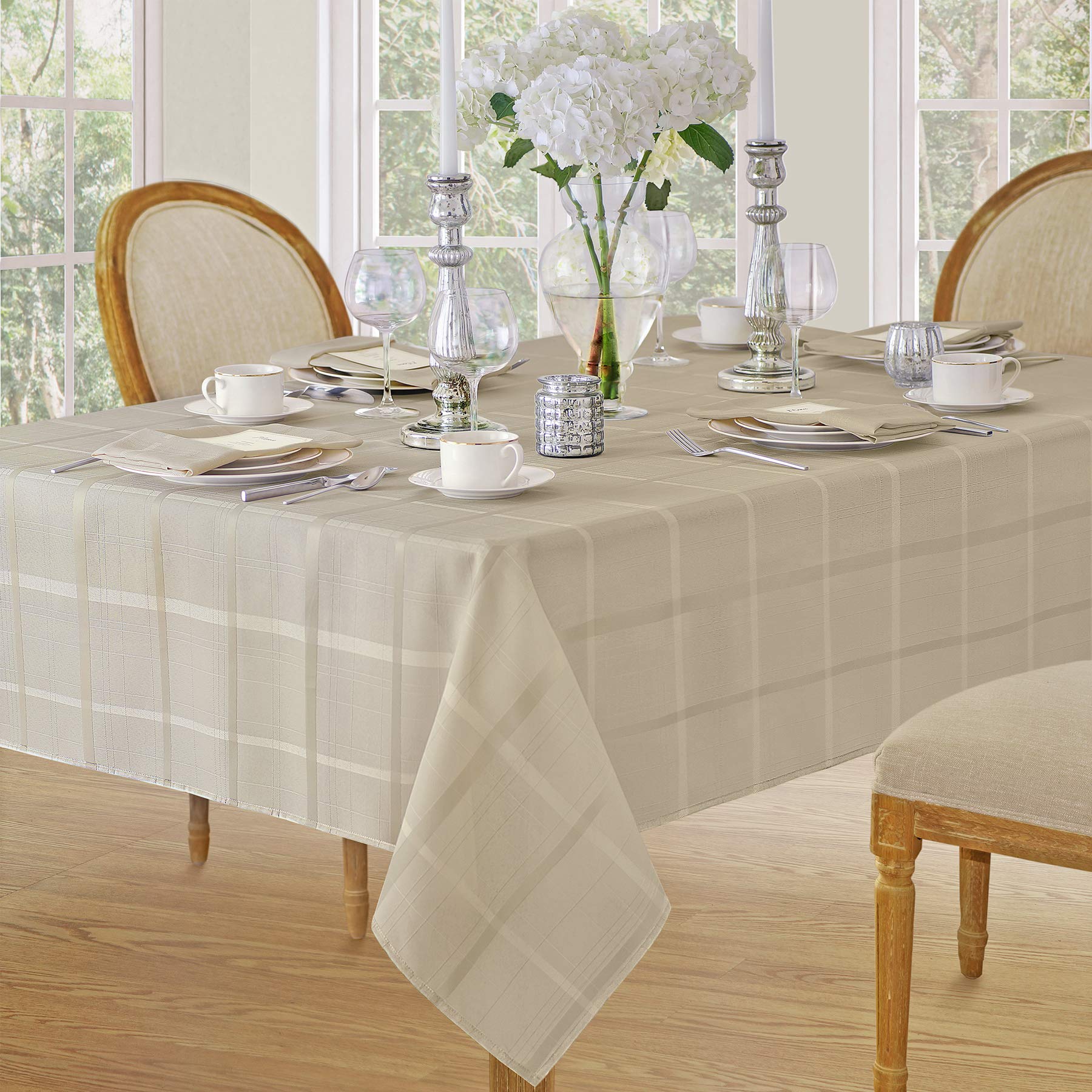 Newbridge 60 x 144 Inch Rectangle Fabric Tablecloth, Elegance Plaid, 100% Polyester, No Iron Soil Resistant Dining Room, Party and Banquet Table Cover, Solid Textured, Beige