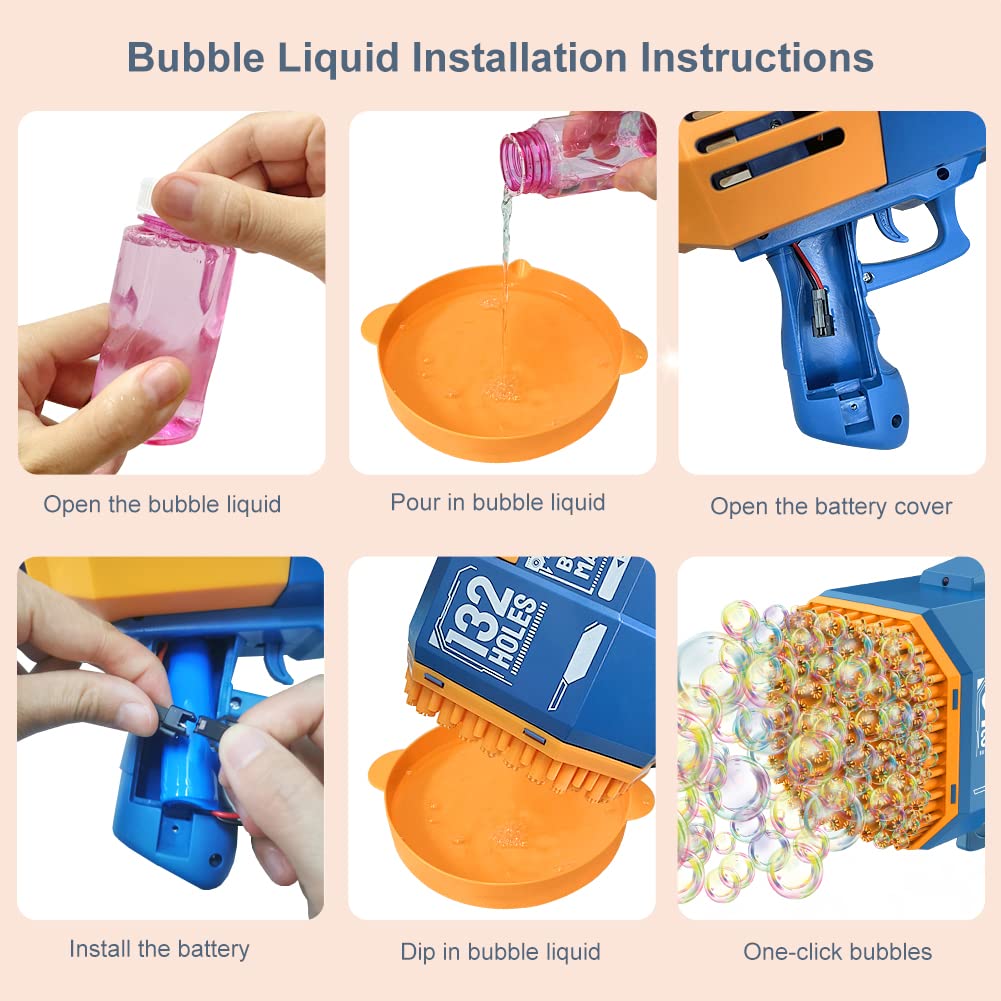 Bazooka Bubble Gun, Upgraded 132 Hole Bubble Machine Gun with Lights 10000+ Bubbles Per Minute, Additional 30 Bubble Refill Solution, Bazooka Bubble Gun for Outdoor Indoor Birthday Wedding Party