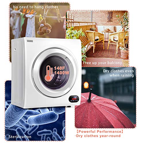 Euhomy Compact Laundry Dryer, 3.5 cu ft Front Load Stainless Steel Clothes Dryers With Exhaust Pipe, 1500W, LCD Control Panel Four-Function Portable Dryer For Apartments, Home, Dorm, White