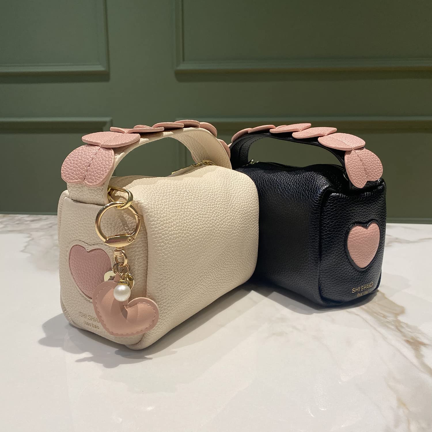 Celivelan Cute Heart Handle Bag Lovely Candy Color Crossbody Bag Roomy Soft Leather Shoulder Bag Triangle Shape Purses For Women