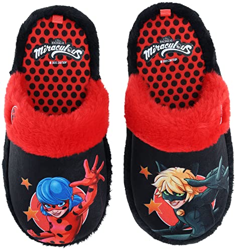 Miraculous Ladybug Pajamas for Girls Robe and Slipper Set Matching Cozeez House Shoes, Red/Black, Size 6/6X