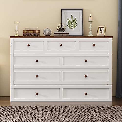 JIVOIT Queen Size Mobile Murphy Bed, Solid Pine Murphy Bed Chest with Charging Station and Large Storage Drawer, Queen Foldable Platform Bed for Home Office or Small Room