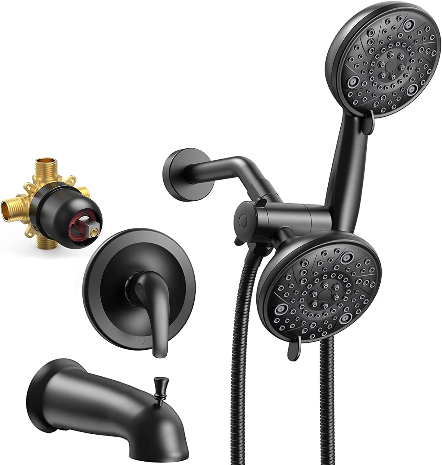 EMBATHER Tub and Shower Faucet Set, Dual Shower Head with Bathtub Faucet Set, Single-handle Control Shower Valve and Trim Kit, Matte Black