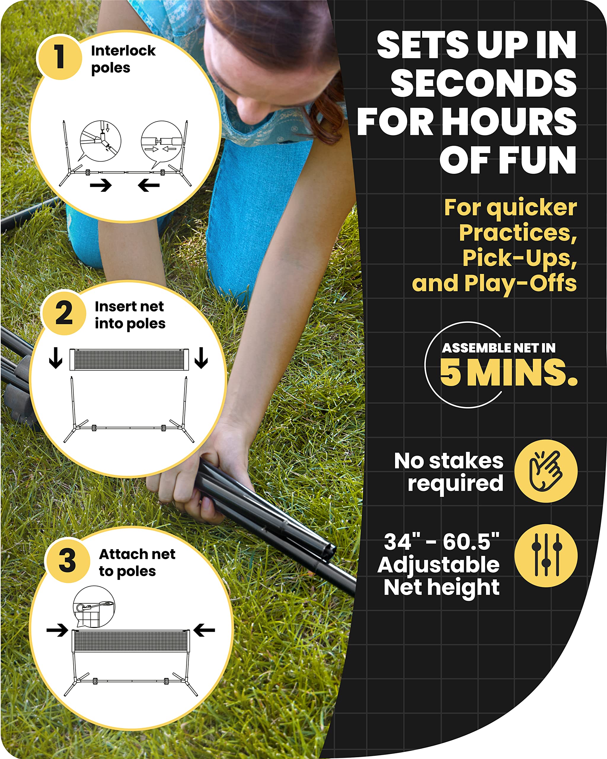BOULDER Sports Pickleball Paddles & Badminton Set for Backyard - Includes 4 Rackets, 2 Pickleball Paddles, 3 Shuttlecocks, 2 Pickleballs & 2 Travel Bags - Easy Setup Volleyball & Racket Sports Net