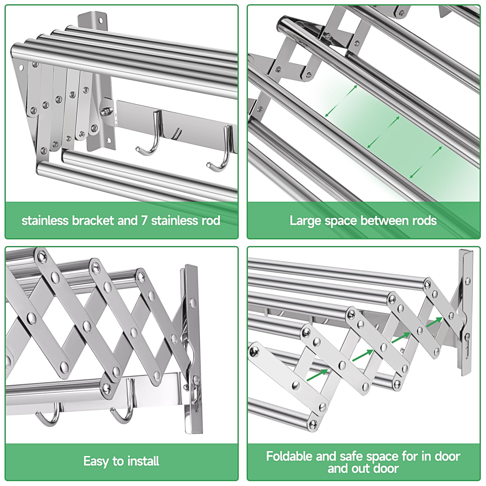 HITASTAR Wall Mounted Drying Rack Clothing for Laundry Foldable 16.5 inch with 7 Rod Space-Saving Stainless Steel Garment Hanger Mounted Organizer for Laundry Room, Bathroom