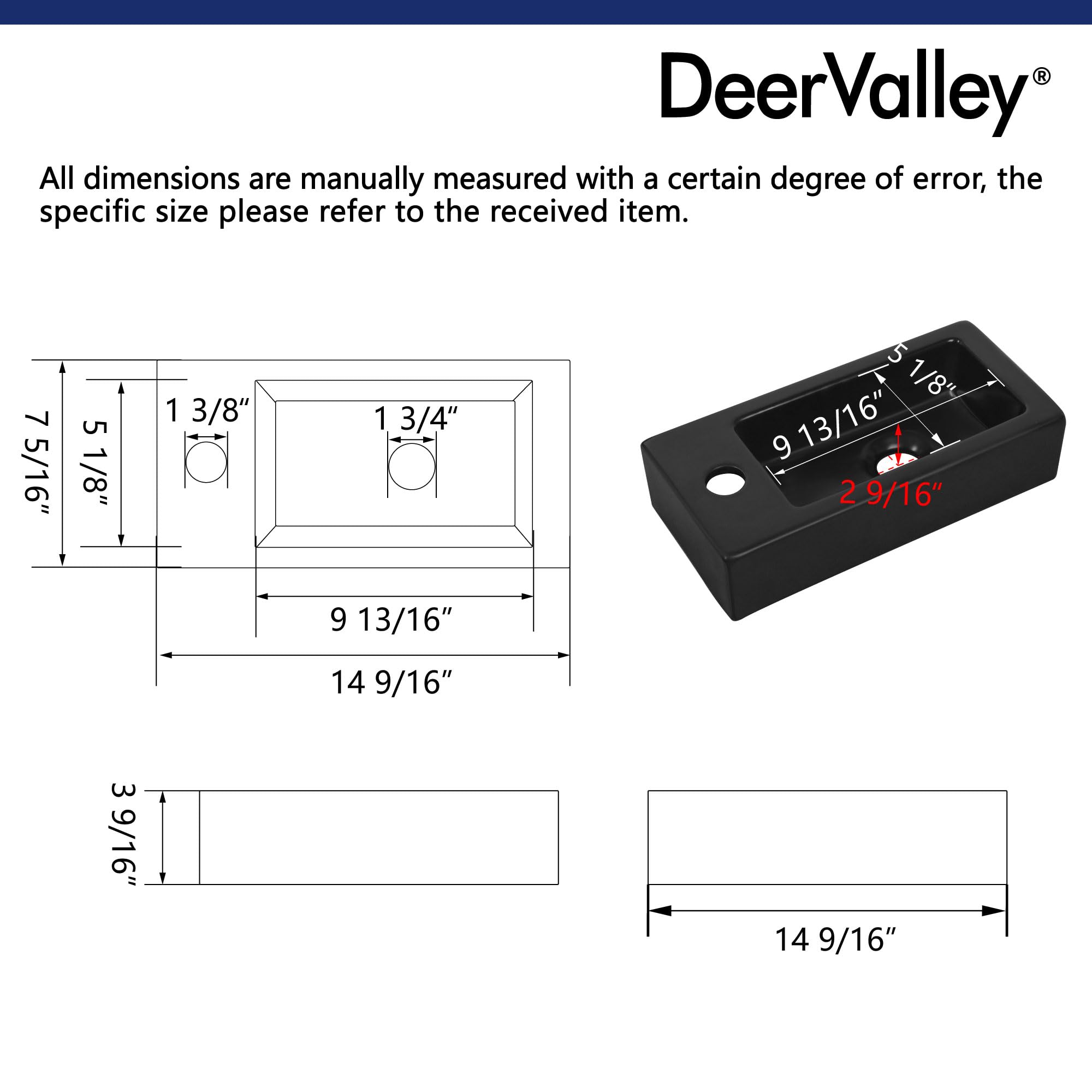 DeerValley DV-1V081R Liberty Wall Mount Sink, Rectangle Mini Vessel Sink,Small Bathroom Cloakroom White Porcelain Ceramic Wash Basin (Right Hand)