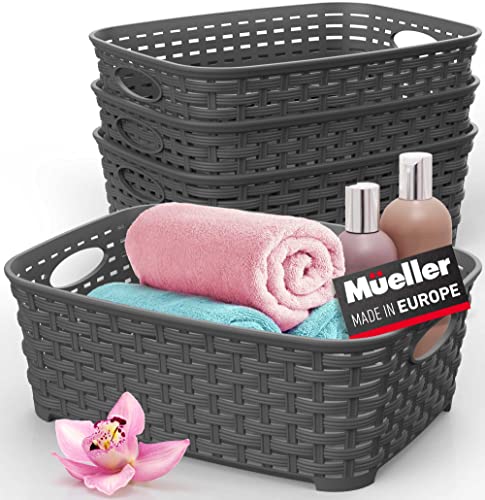 European Made Plastic Storage Bins, Heaviest Duty, Household Organizers for Bathrooms, Bedrooms, Kitchens, Laundry Room, Cabinets, Shelves, 4 Pk, Dark Grey