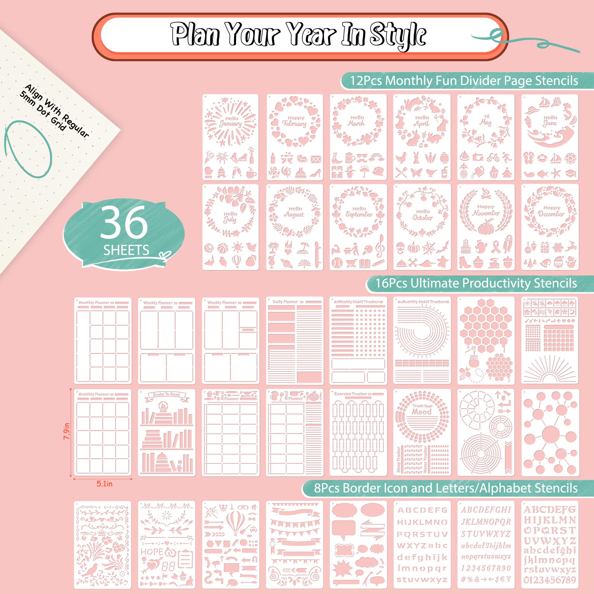 Midenco 36Pcs Bullet Journal Stencils Templates Set (5.1 * 7.9 Inch) - Bullet Journals Accessories/Supplies Kit - Journal Stencils for Bullet Journaling - Planner Stencils for A5 Dotted Journal