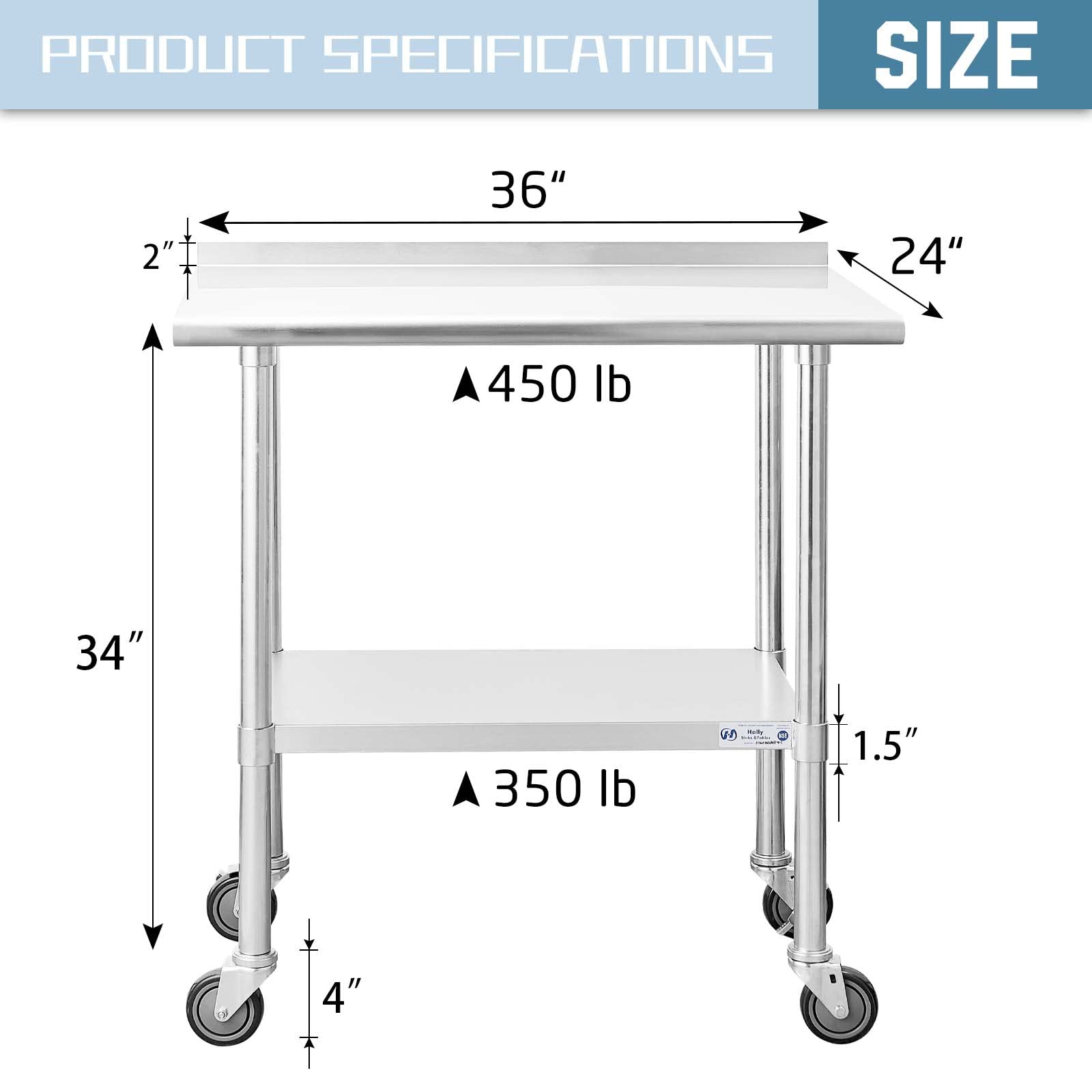 HALLY Stainless Steel Table for Prep & Work 24 x 36 Inches with Caster Wheels, NSF Commercial Heavy Duty Table with Undershelf and Backsplash for Restaurant, Home and Hotel
