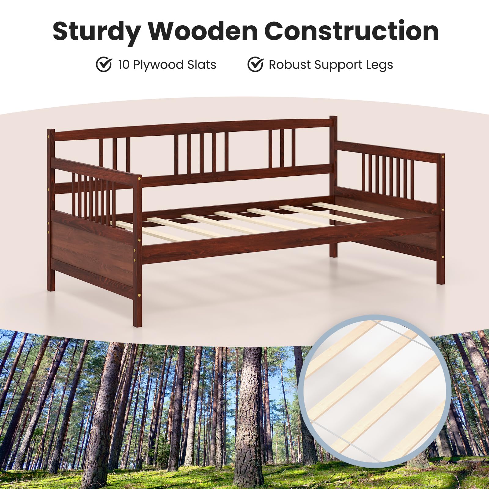 Giantex Twin Daybed Frame, Wooden Sofa Bed Guest Bed with Rails & Wood Slat Support, Dual-use Twin Size Platform Bed Frame for Living Room Bedroom, No Box Spring Needed, Cherry