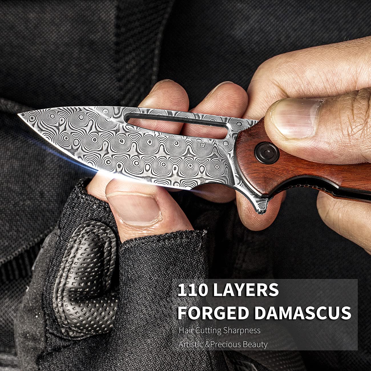 CIVIVI Odium Small Damascus Folding Knife โ2.65" Flipper Pocket knife for EDC Camping, Cuibourtia Wood Handle, Ball Bearings Pivot, Reversible Deep Carry Clip C2010DS-1