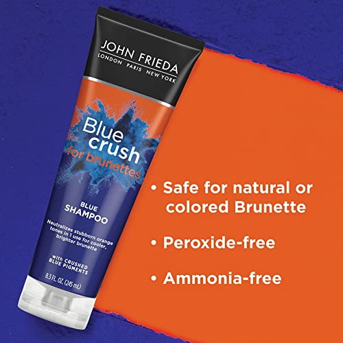 John Frieda Blue Crush Blue Shampoo and Conditioner Set for Brunettes, Crush Brassy Tones for Brunettes, 8.3 Fl Oz